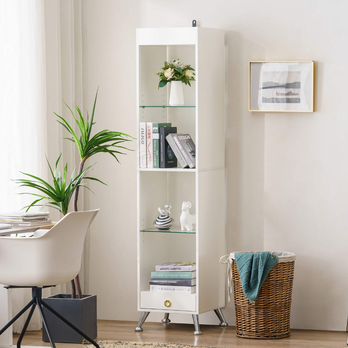 Ivinta Tall Bookshelf for Small Spaces, Narrow Bookcase with Adjustabl