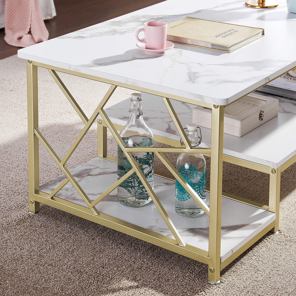 Ivinta Marble Gold Coffee Table, Modern Center Cocktail Table-Astral G